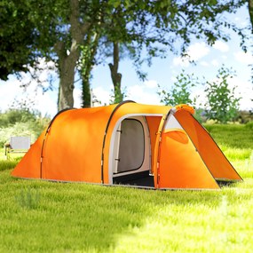 Outsunny tunelový stan pro 2–3 osoby s předsíňkou a háčkem na lampu, voděodolnost 2000 mm – oranžový