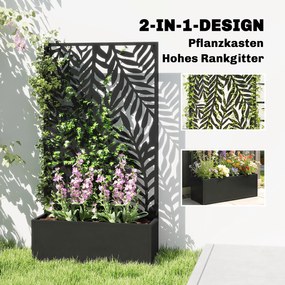 Truhlík na květináče s ochrannou mříží Truhlík na květináče s mříží s motivy tropických listů 61 x 23 x 113 cm Černá barva