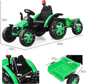 Costway 12 V dětský elektrický traktor s přívěsem – 151 × 68 × 70 cm, zelený