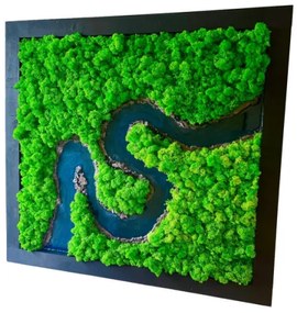Mechový obraz s epoxidovou pryskyřicí - řeka - sobí mech - dřevěný černý rám