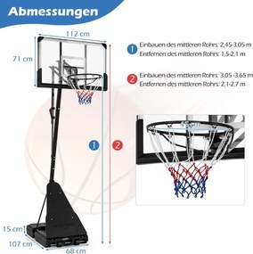 Costway Basketbalový stojan 150-305 cm výškově nastavitelný basketbalový koš