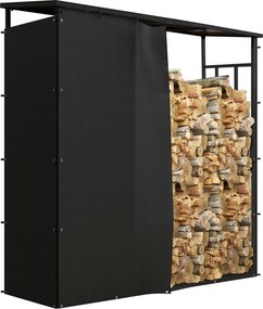 Outsunny Stojan na dřevo 185 x 62 x 184 cm s voděodolným krytem, stojan na dřevo s střechou, pro venkovní i vnitřní použití, do 2000 kg, kovový, černý