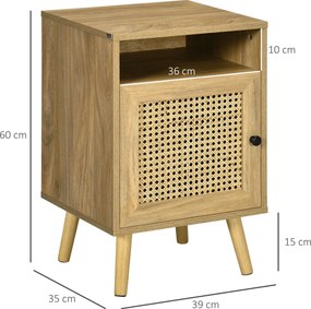 HOMCOM Sada 2 nočních stolků s ratanovými dveřmi a otevřenou policí pro ložnici a obývací pokoj 39x35x60 cm