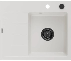 Mexen Ben, 1-komorový granitový dřez 600x500x190 mm, pravý + černý sifon, bílá, 6523605000-20-B