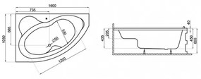 Polimat Akrylátová asymetrická vana Mega 160x105 L(R) AS Barva: Bílá, Rozměry (cm): 160x105, Orientace: Pravá