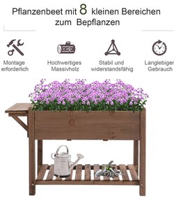 Vyvýšený záhonový truhlík Outsunny 123x54x74cm s 8 rošty a skládací policí z masivního dřeva v hnědé barvě pro zahradu a terasu | Aosom.de