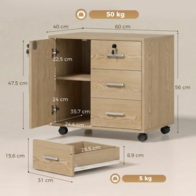 HOMCOM pojízdný kontejner do kanceláře, zamykatelný úložný nábytek se 3 zásuvkami a nastavitelnou vloženou policí, s kolečky, 40 x 60 x 56 cm, světle…