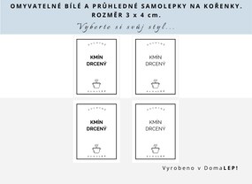 KMÍN DRCENÝ - Samolepka na kořenky 3 x 4 cm - DomaLEP varianta: PRŮHLEDNÁ - základní písmo