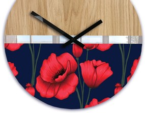 Dřevěné nástěnné hodiny Máky 33 cm dub přírodní/červené