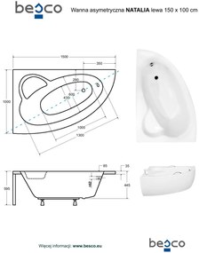 BESCO Asymetrická vana NATALIA Nožičky k vaně - Bez nožiček, Rozměr vany - 150 × 100 cm, Způsob provedení - Levé - VANNAT150L