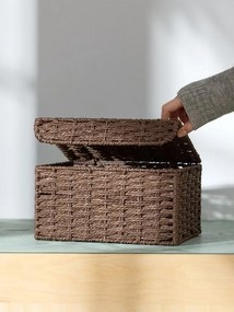 Sinsay - Pletený úložný koš s víkem - tmavě hnědá