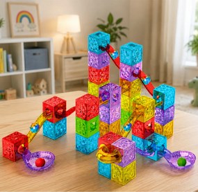 LEAN Toys Magnetické stavební kostky – kostky, kuličková dráha, barevné, 60 ks.