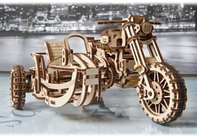 Ugears - 3D dřevěné mechanické puzzle Motorka scrambler s vozíkem