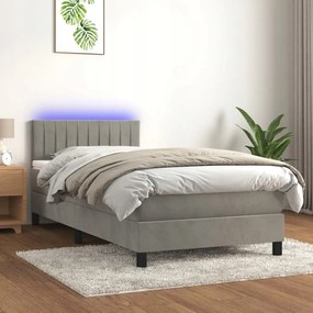 Box Spring Postel S Matrací A Led Samet Světle Šedá Svislé pruhy 100 x 20
