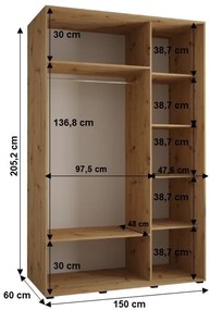 Šatní skříň Sapporo Abika 150/205,2/60 barevné provedení: černý mat + bílý mat+ černé lamely