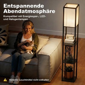 HOMCOM LED stojací lampa s policemi, stmívatelná, řetězový vypínač a zásuvky, černá