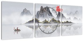 Obraz - Hory v mlze (s hodinami) (90x30 cm)