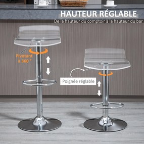 HOMCOM Sada 2 barových židlí moderního designu s akrylovým sedákem a kovovou základnou - 360° otáčení - výškově nastavitelné s opěrkou na nohy - průh…