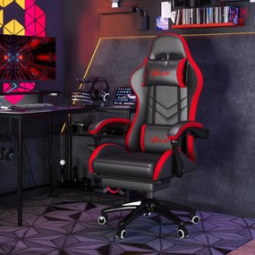 Ergonomická herní židle Vinsetto z PU kůže a oceli s opěrkou hlavy a nastavitelnou výškou, sklápěcí opěrkou a bederním polštářem, 65x65x121-129 cm, č…