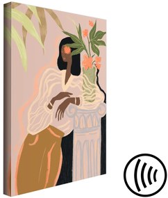 Obraz V očekávání (1-dílný) svislý - postava ženy a růžové květy