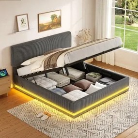 Aosom Moderní, čalouněná postel o rozměrech 180 x 200 cm, vybavená LED světly a USB-C nabíjením, výškově nastavitelným čelem, stabilním pruhovaným rá…