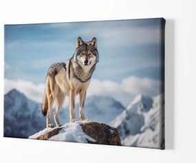 Obraz na plátně - Vlk hlídkuje na skále za krásného horského dne FeelHappy.cz Velikost obrazu: 60 x 40 cm