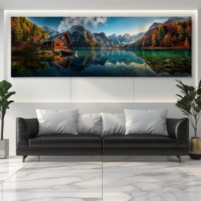 Obraz na plátně - Podzim u jezera ve vyhřáté chatce FeelHappy.cz Velikost obrazu: 210 x 70 cm