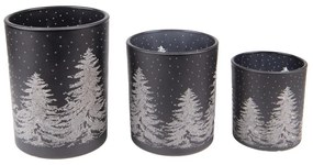 3ks černý skleněný svícen na čajovou svíčku se stromky – 10x12 /  9x10 /  7x8 cm