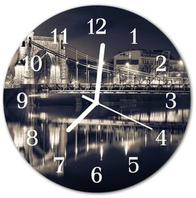 Skleněné hodiny kulaté Most do města v noci fi 30 cm