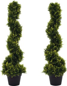 Outsunny Sada 2 velkých umělých cedrových stromů 90 cm – umělá rostlina, plastové umělé cedrové rostliny v květináčích, spirálová rostlina realistická