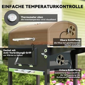 Outsunny Gril na dřevěné uhlí, výškově nastavitelný kadidel, grilovací vozík, police, teploměr, otvírák na lahve, ocel, dřevo, černá