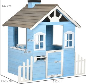 Dětský dřevěný domeček Outsunny pro venkovní hraní pro děti 3-7 let s dveřmi, okny, truhlíky a bočními ploty 151x112,5x142 cm Modrá