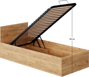 Postel s kovovým roštem a úložným prostorem, 90x200, dub craft zlatý, DOLI