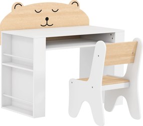 AIYAPLAY dětský stůl se židlí 2dílná dětská sezení s knihovnou a úložným prostorem, design medvěd pro děti 3-8 let, bílé