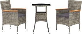 3dílný zahradní bistro set s poduškami šedý polyratan 3187424