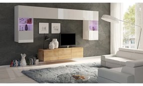 Obývací stěna Bralani II, Barva: dub zlatý / bílá + bílý lesk, Osvětlení: osvětlení LED - bílé
