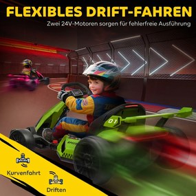 HOMCOM Elektrické Go-Kart pro Děti 6-12 Let 24V 6-12km/h s Nastavitelným Sedadlem, 2 Motory, Drift Go-Kart s Klaksonem, Světly a Hudbou, Zelené