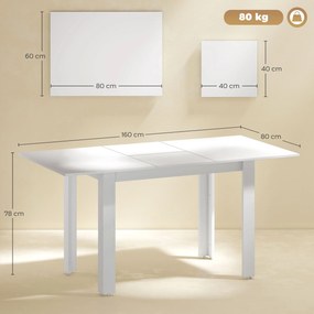 HOMCOM Rozkládací jídelní stůl, 120-160 x 70 cm, nastavitelný kuchyňský stůl pro 4-6 osob, MDF, vysoký lesk bílá