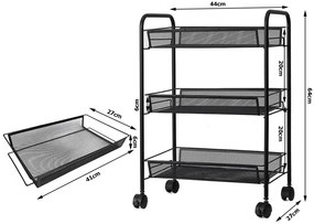 VERK GROUP Mobilní kovový regál s kolečky, 3 police, černý kov SHELF