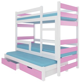 Patrová postel pro tři osoby s matracemi KARLO Hlavní barva: Bílá, Další barva: Růžová