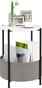 HOMCOM Kulatý Noční Stolík se Zásuvkou a Textilním Košem, Ocelový Konferenční Stolík do Obývacího Pokoje a Ložnice 44 x 44 x 56 cm Šedá+Bílá | Aosom