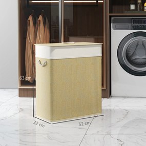 HOMCOM Bambusový koš na prádlo s víkem 100L Koš na prádlo se 2 přihrádkami a vyjímatelným vnitřním pytlem pro laundry room a ložnici 52x32x63 cm Přír…