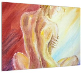 Skleněný obraz odpočívající ženy, olejomalba (70x50 cm)
