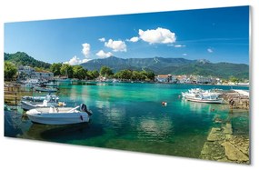 Obraz na skle Řecko Marina moře hory 140x70 cm