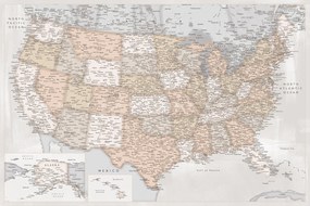 Mapa Highly detailed map of the United States in rustic style, Blursbyai, (40 x 26.7 cm)