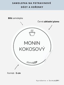 Samolepka na láhev MONIN KOKOSOVÝ průměr 5 cm – bílá vinylová, voděodolná, omyvatelná samolepka na dózy, základní písmo