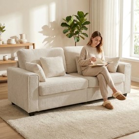 HOMCOM 3místná pohovka s hlubokým sedákem, 211,5 cm, sametový vzhled, béžová, 4 polštáře