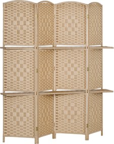 HOMCOM 4-panelový rozdělující paraván 160x170 cm se 2 policemi, soukromý paraván skládací příčka do kanceláře a ložnice přírodní