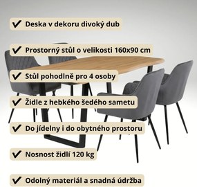 Vikio Jídelní set pro 4 osoby 160x90 cm dub noha U šedá židle s područkami VJS166-4S