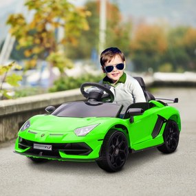 HOMCOM Dětské elektrické auto, Lamborghini Aventador SVJ, 12V s křídly, LED dálkovým ovládáním, hudbou, USB, rychlostí 3-5 km/h, zelené